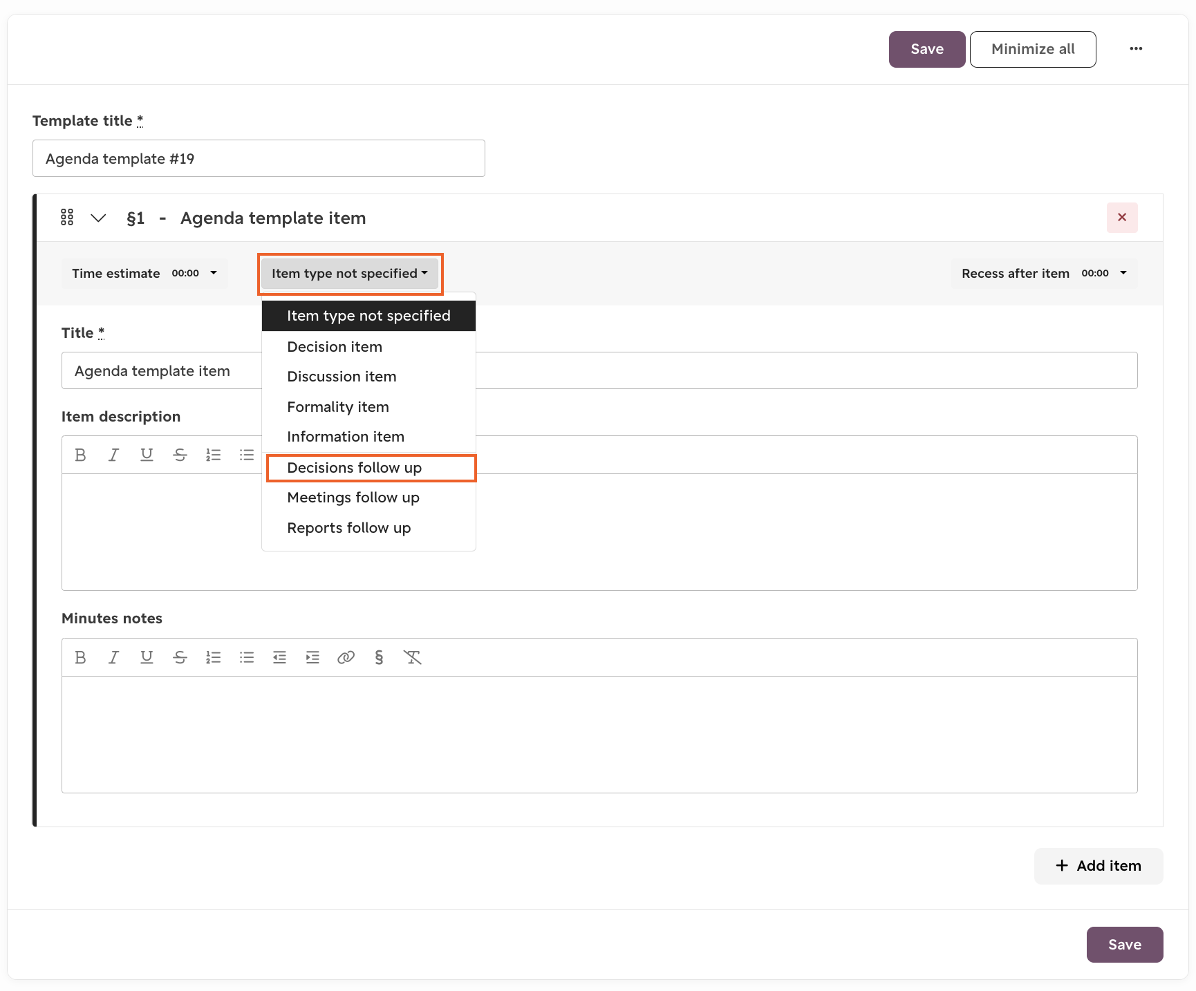 Add decision follow up to agenda template – Boardeaser