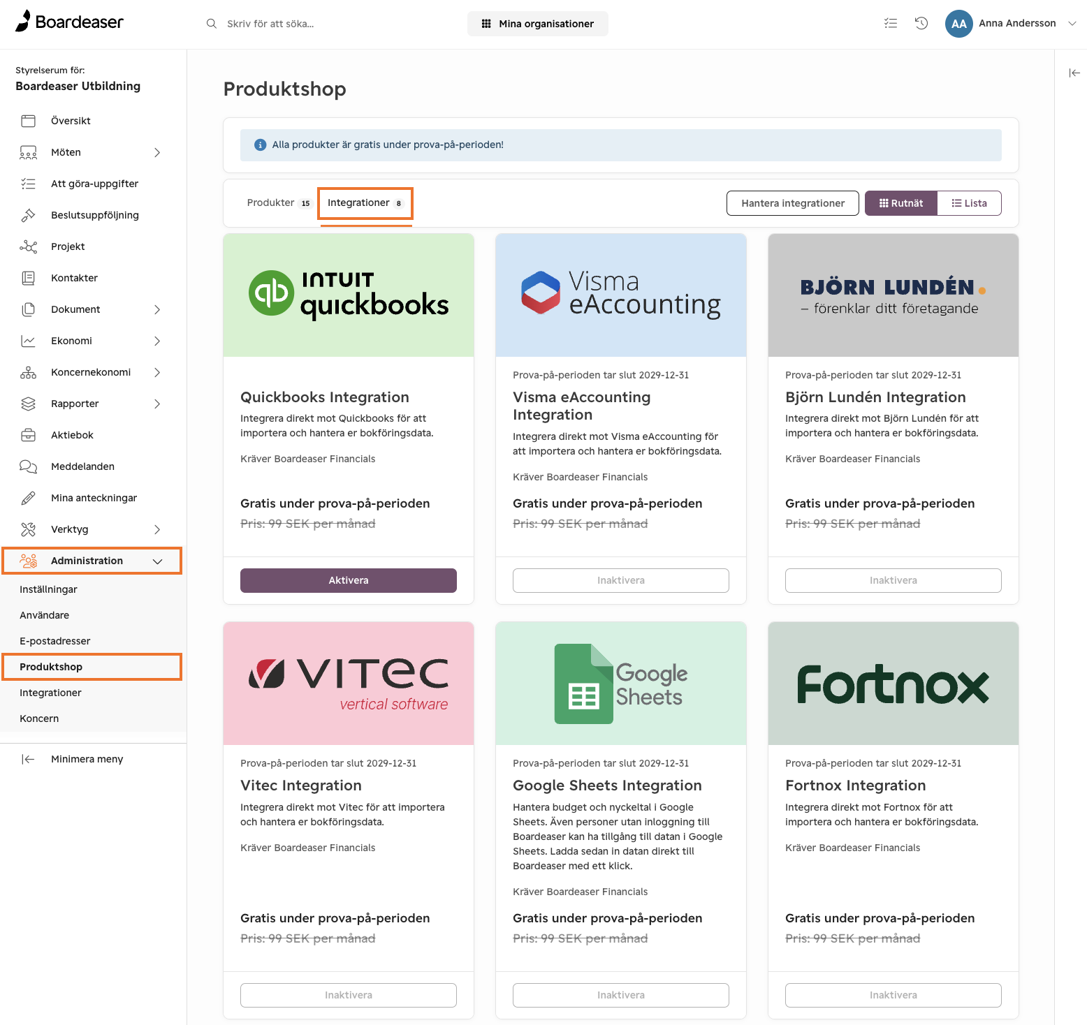 Hur aktiverar jag Fortnox-integrationen? – Boardeaser AB